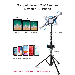 elitehood iPad Tripod Stand, Aluminum Alloy iPad Stand, 360 Rotation Adjustable Height iPad Stand Holder for Floor, Universal Compatible with iPad Mini, iPad Air, iPad and All 7.9-11 Inch Tablet