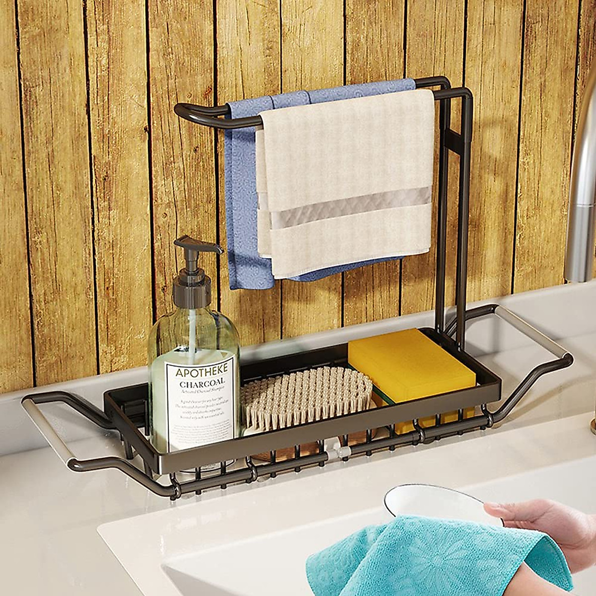 Hvanam Stainless Steel Kitchen Sink Rack Telescopic Organizer Holder Expandable Countertop Accessories Drain Caddy Tray for Kitchen or Bathroom Towel Soap Sponge Brush Storage(Black)