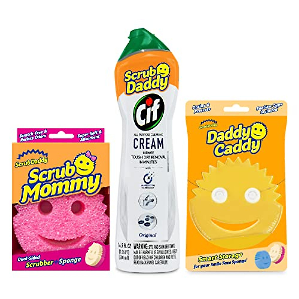 Scrub Daddy Scrub Mommy, Daddy Caddy + Cif All Purpose Cleaner - Scratch-Free, Dual-Sided Kitchen + Bathroom Scrubber + Multipurpose Cleaning Cream - Cleaning Supplies Kit for Multiple Surfaces