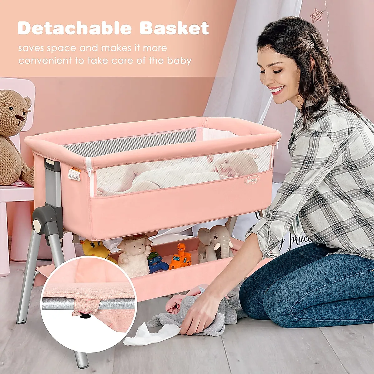 INFANS Baby Bassinet Bedside Crib, Newborn Sleeper w/Large Storage Basket, Adjustable Heights, Detachable &Washable Mattress, Breathable Mesh, Straps, Easy Moving Bed Side (Pink)