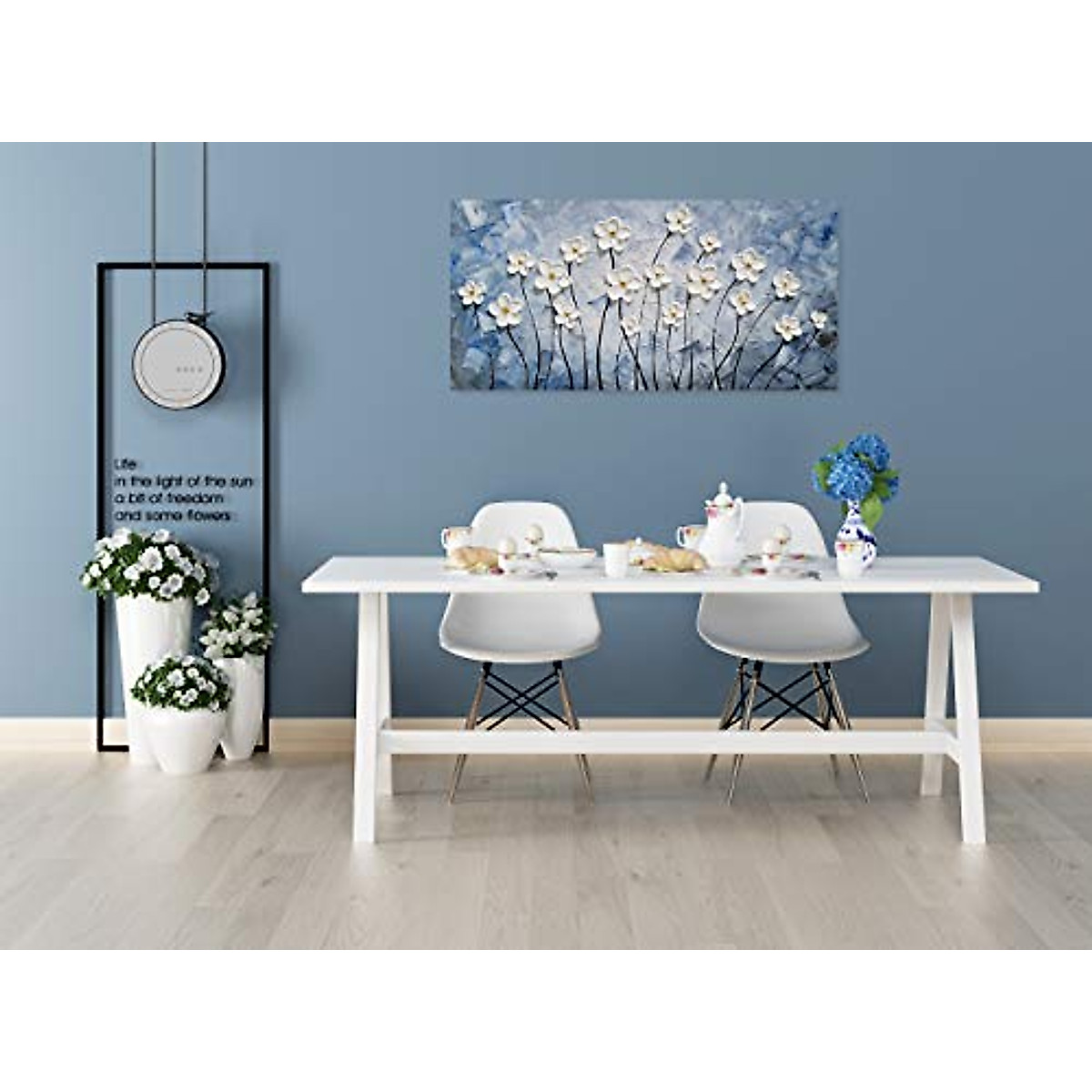 YHSKY ARTS Floral Canvas Wall Art Hand Painted Blue and White Heavy Textured Painting Modern Abstract Flower Pictures Contemporary Artwork for Living Room Bedroom Office Decoration