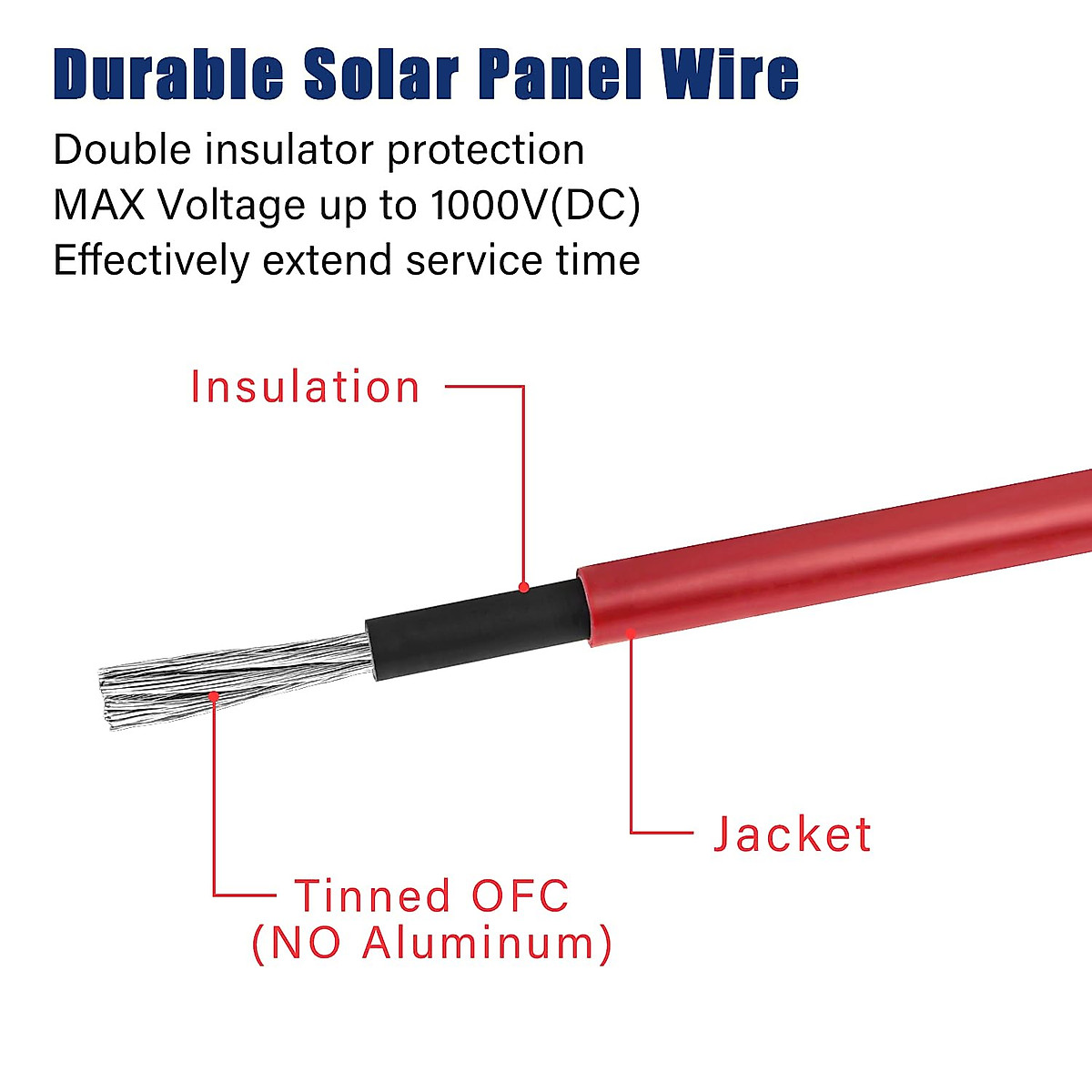 Kimbluth 10 AWG Solar Wire 10FT Red & 10FT Black Tinned Copper Wire, 10 Gauge Solar Panel Cable OFC Oxygen Free Copper Wire for Solar Panel Automotive Trailer Marine Outdoors (Red&Black)
