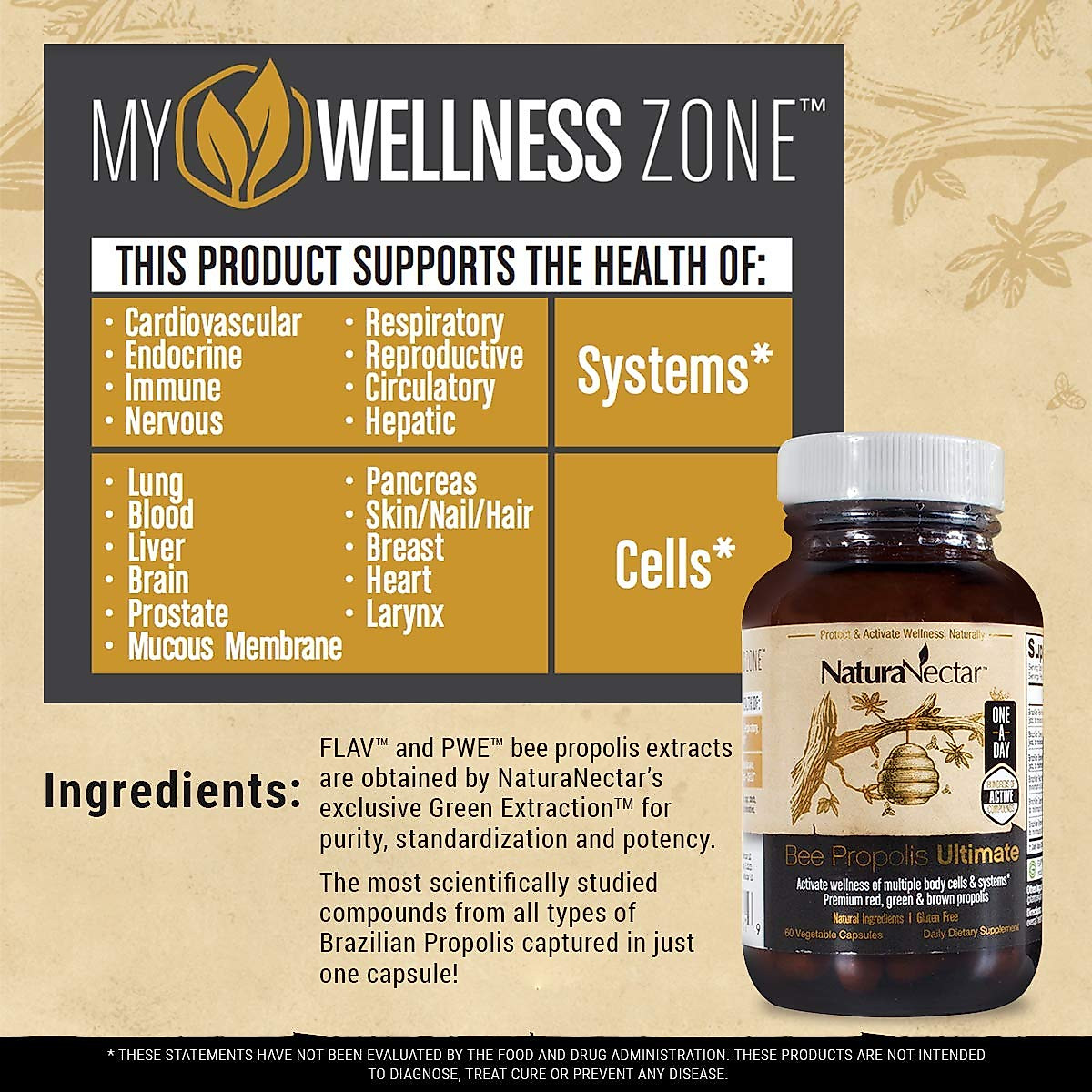 NaturaNectar Ultimate Bee Propolis | NSF Contents Certified | Premium Red, Green, Brown Brazilian Propolis | with Flavonoids and PWE | Ethical Beekeeping & Naturally Sourced | 60 veggie capsules