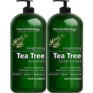 New York Biology Tea Tree Shampoo and Conditioner Set – Deep Cleanser – Relief for Dandruff and Dry Itchy Scalp – Therapeutic Grade - Helps Promote Hair Growth – 16.9 fl Oz