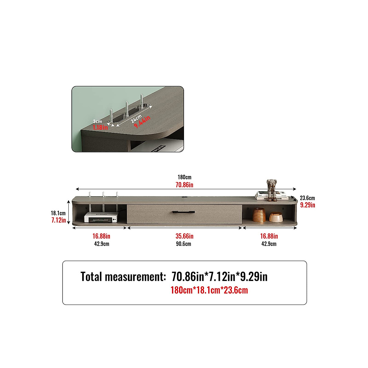 Pmnianhua Floating TV Stand,70'' Wall Mounted Floating TV Shelf for TVs up to 75 inches, Floating TV Wall Unit with Shelves for Gaming Consoles Small Spaces Apartments,Bedrooms (Light Grey Oak)