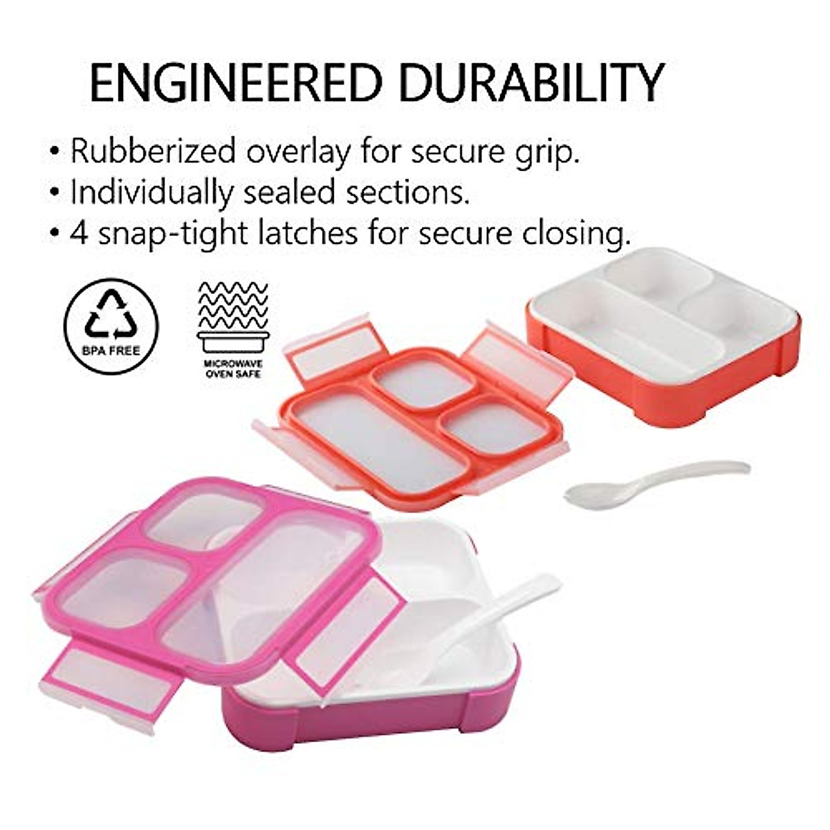 kinsho Bento Box for Kids, Toddler Lunch-Box Snack Container for Small Boys Girls in School Pre-School Daycare, Leakproof 3 Compartment Containers for Snacks, BPA Free. Medium Orange Pink 2 pack
