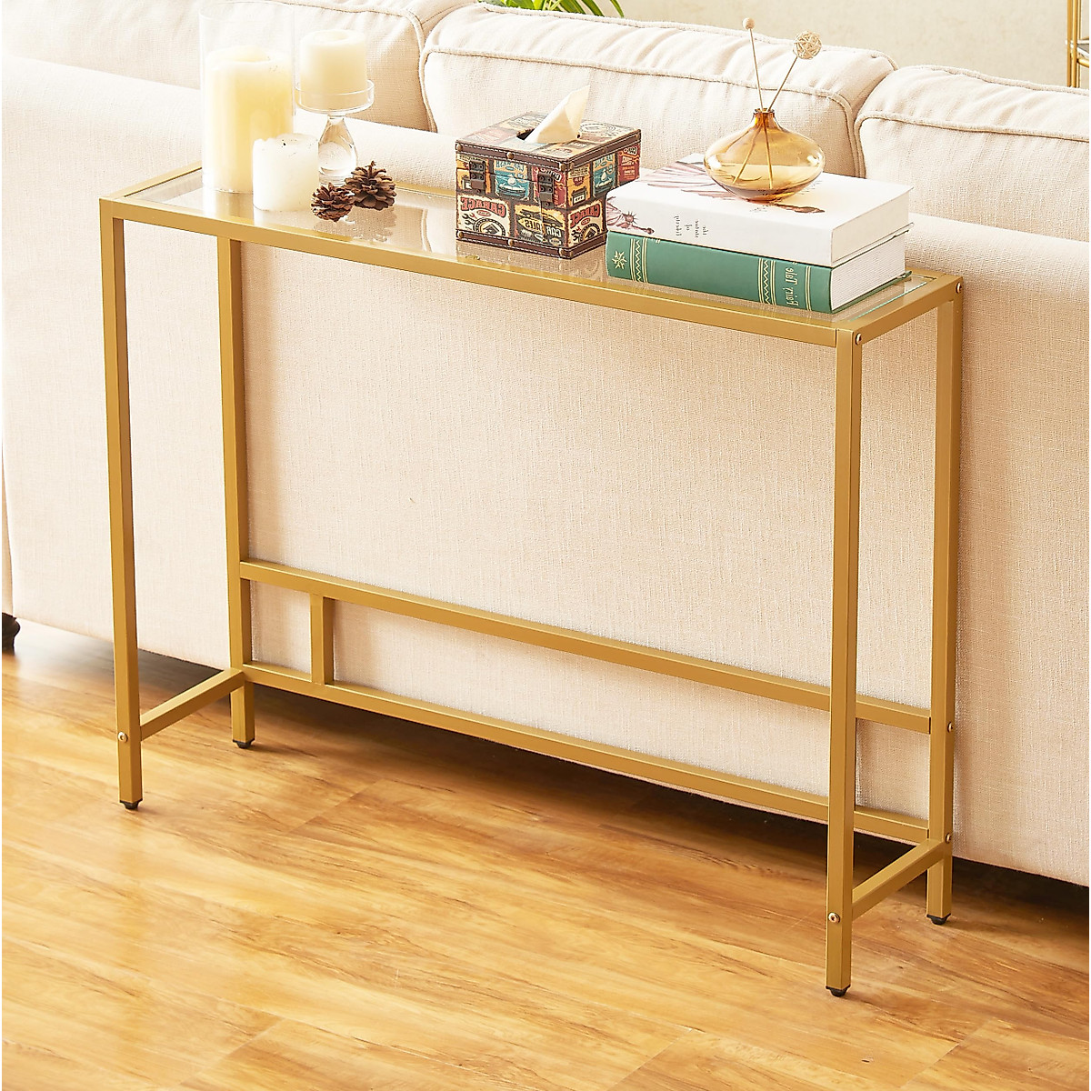 MAJARO Small Modern Console Table for Entryway, Tempered Glass with Golden Metal Frame Sofa Table for Living Room, Hallway, Office