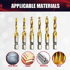 wesleydrill Titanium Combination Tap Drill Bit Set 6 Pcs Screw Tapping Bit Multi-Function Bit Set Fit for Light Metal Aluminum Board Iron etc