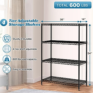 WYGMAV 4 Tier Shelf Metal Wire Shelving Unit Adjustable Storage Shelves Storage Rack Heavy Duty Steel Standing Shelf Units for Restaurant, Garage, Kitchen Metal Shelves with Feet Leveler, Black