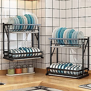 LIHONG Foldable Stainless Steel 2 Tier Dish Drying Rack,Dish Drainer with Drainboard Set for Kitchen Counter