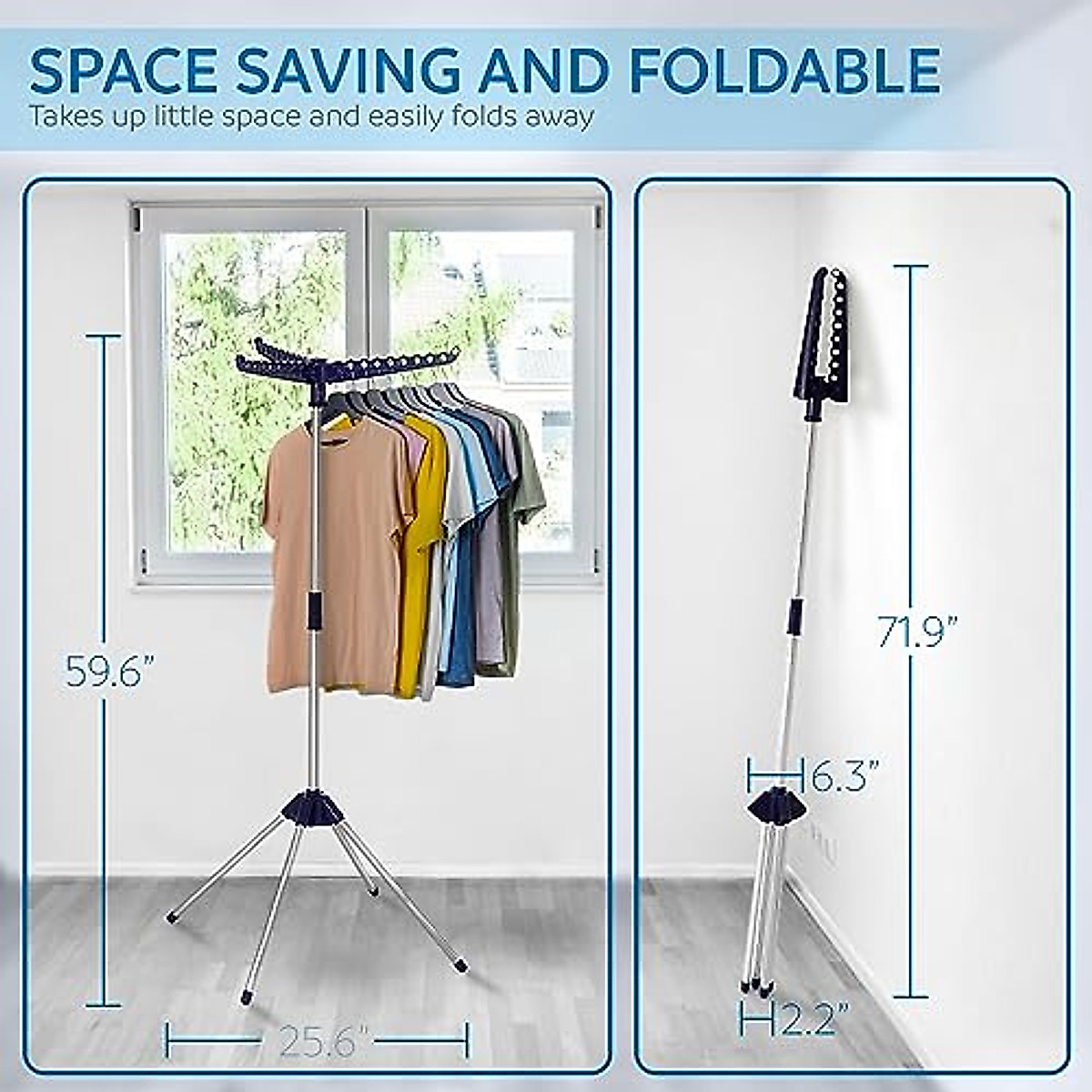 Laundry Drying Rack Foldable 59 Inch Clothes Drying Rack, 3 Rotatable Arms & 4 Sturdy Legs, Folding Clothes Racks for Hanging Clothes in Small Areas (Dark Blue)