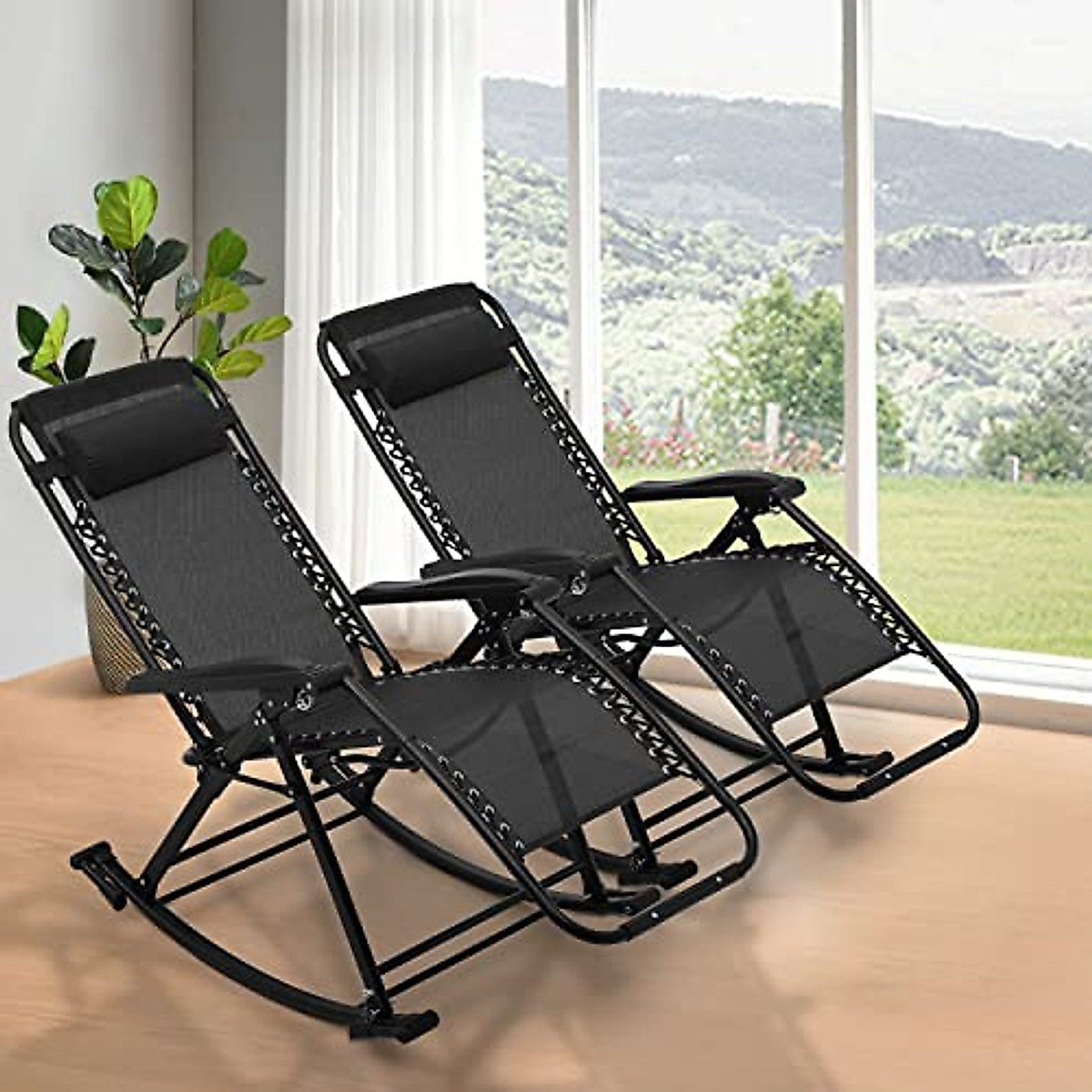 MoNiBloom Rocking Lounger Outdoor Chair Set of 2, Portable High Back Compact Foldable Reclining Zero Gravity Lounge Patio Rocking Chair with Adjustable Armrest and Footrest for Beach Yard Pool Outdoor