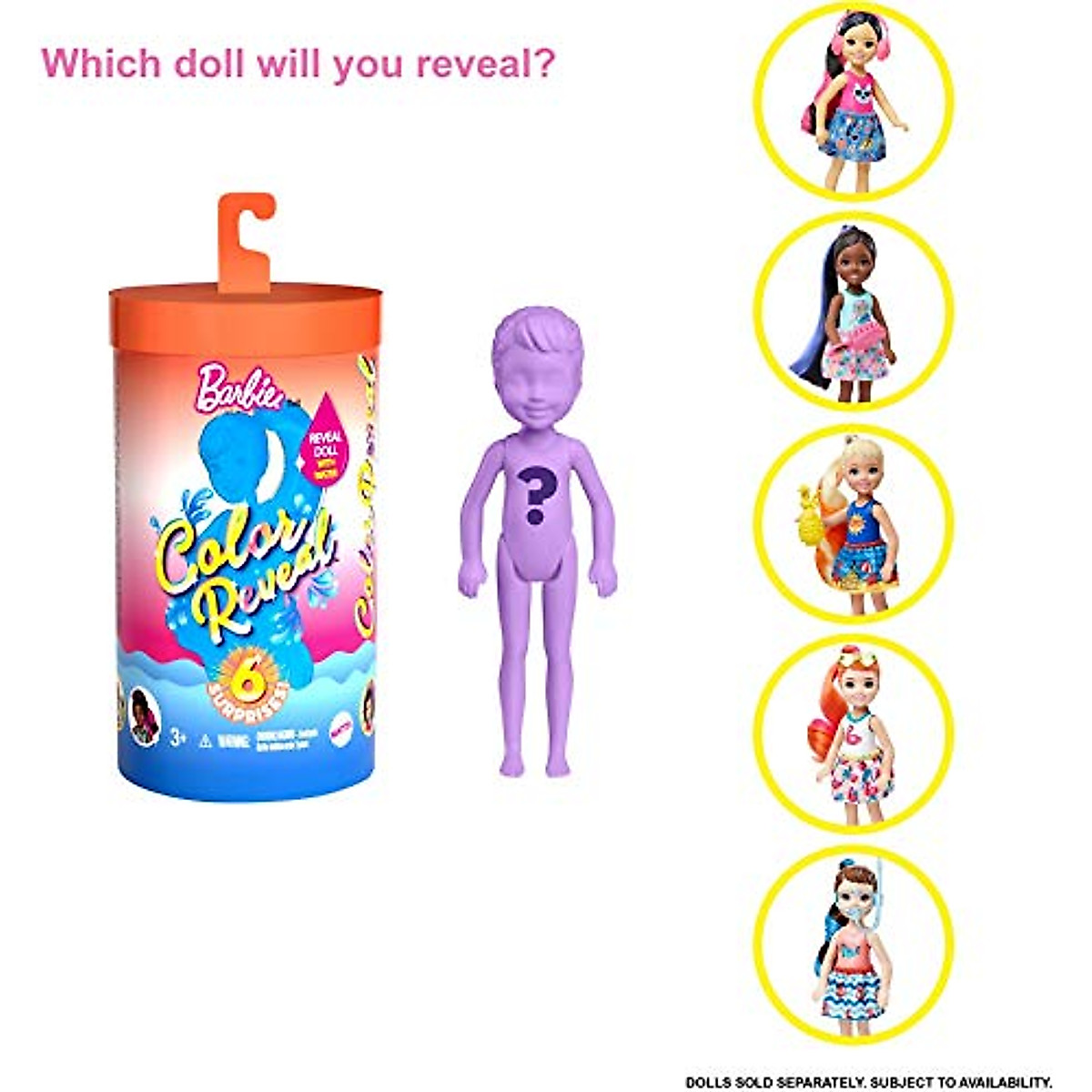 Barbie Color Reveal Chelsea Doll with 6 Surprises: Water Reveals Doll’s Look & Creates Color Change on Hair; 4 Mystery Bags Contain a Surprise Detachable Ponytail, Skirt, Shoes & Accessory