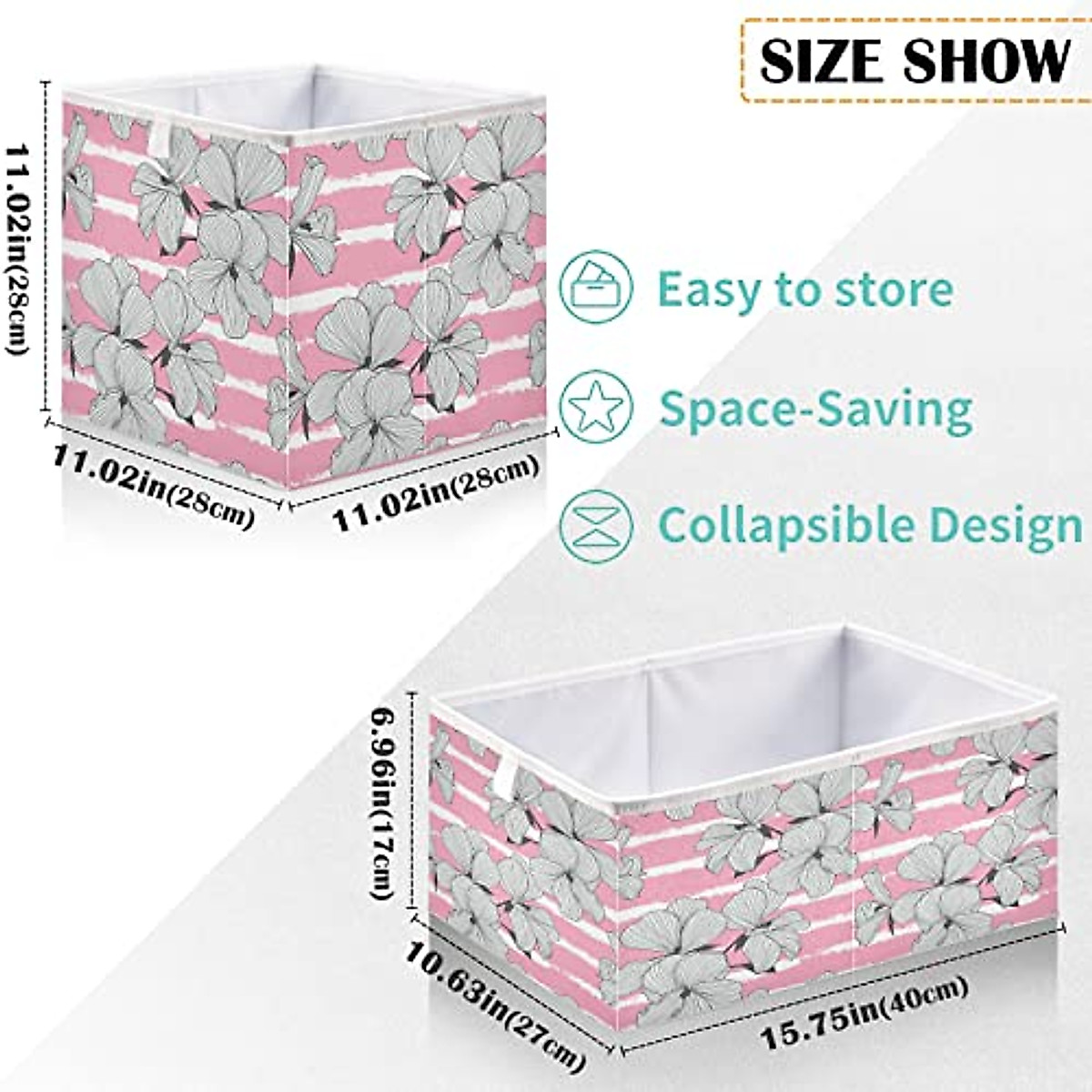 visesunny Closet Baskets Elegant Flower Pink Stripe Storage Bins Fabric Baskets for Organizing Shelves Foldable Storage Cube Bins for Clothes, Toys, Baby Toiletry, Office Supply