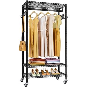 VIPEK R1 Medium Rolling Clothes Rack Portable Garment Rack for Hanging Clothes, 3 Wire Shelves Freestanding Heavy Duty Clothing Racks Storage Drying Rack with Wheels, Hanging Rod, Side Hooks, Black