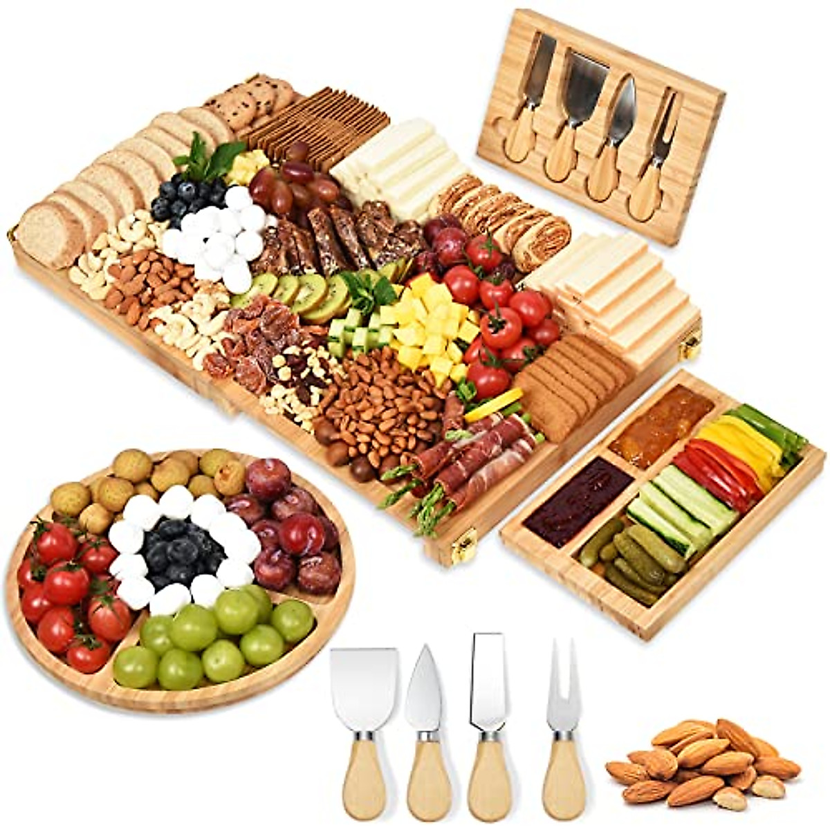 Charcuterie Board Set SMILCO Hand-Made Bamboo Extra Large Cheese Board and Knife Set-Inclued 1* Main Charcuterie Board,2*Cheese Board and 1*Fruit Tray.