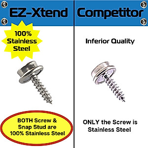 EZ-Xtend Stainless Steel Screws Marine Grade 5/8" #8 Boat Cover Snaps. Premium Snap Button Kit Includes 10 pcs of Screw in Snap Fasteners, 10 Flexible Clear PVC Vinyl Backing Washers Fastener Hardware