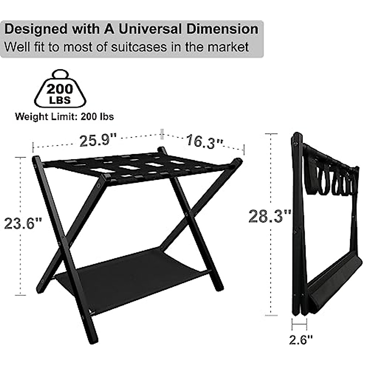 Fandature Folding Luggage Rack for Guest Room, Metal Foldable Suitcase Stand Holder with Colth Shelf for Bedroom, Black, 1pack