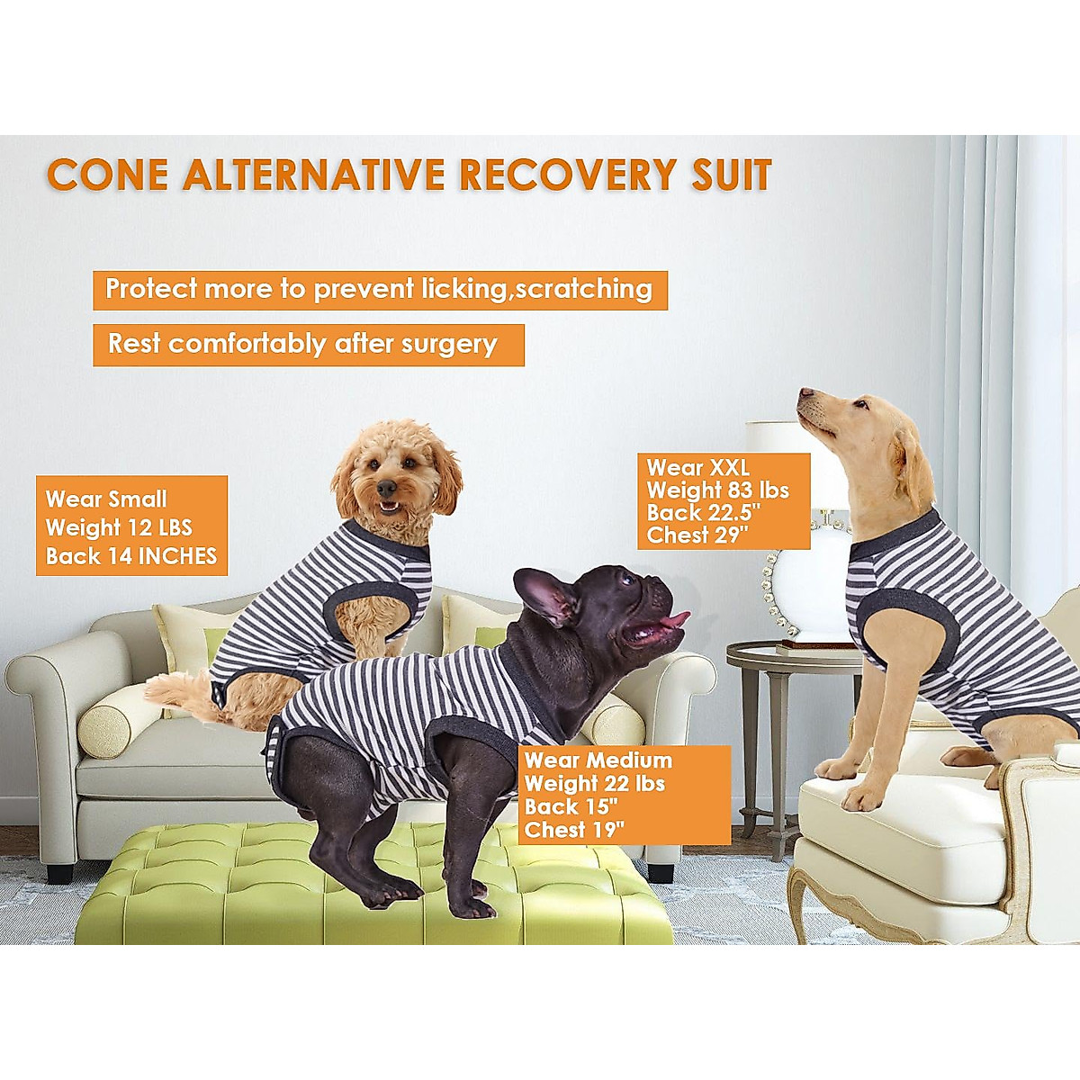 Wabdhally Dog Surgery Recovery Suit,Surgical Suit for Medium Female Spay,Soft Combed Cotton,Grey Striped Zipper Onesie M