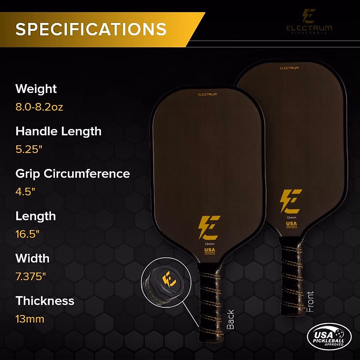 Electrum Model E 13mm Pickleball Paddle USAPA Approved | Carbon Fiber Surface | Polypropylene Honeycomb Core | Paddle for Spin and Power