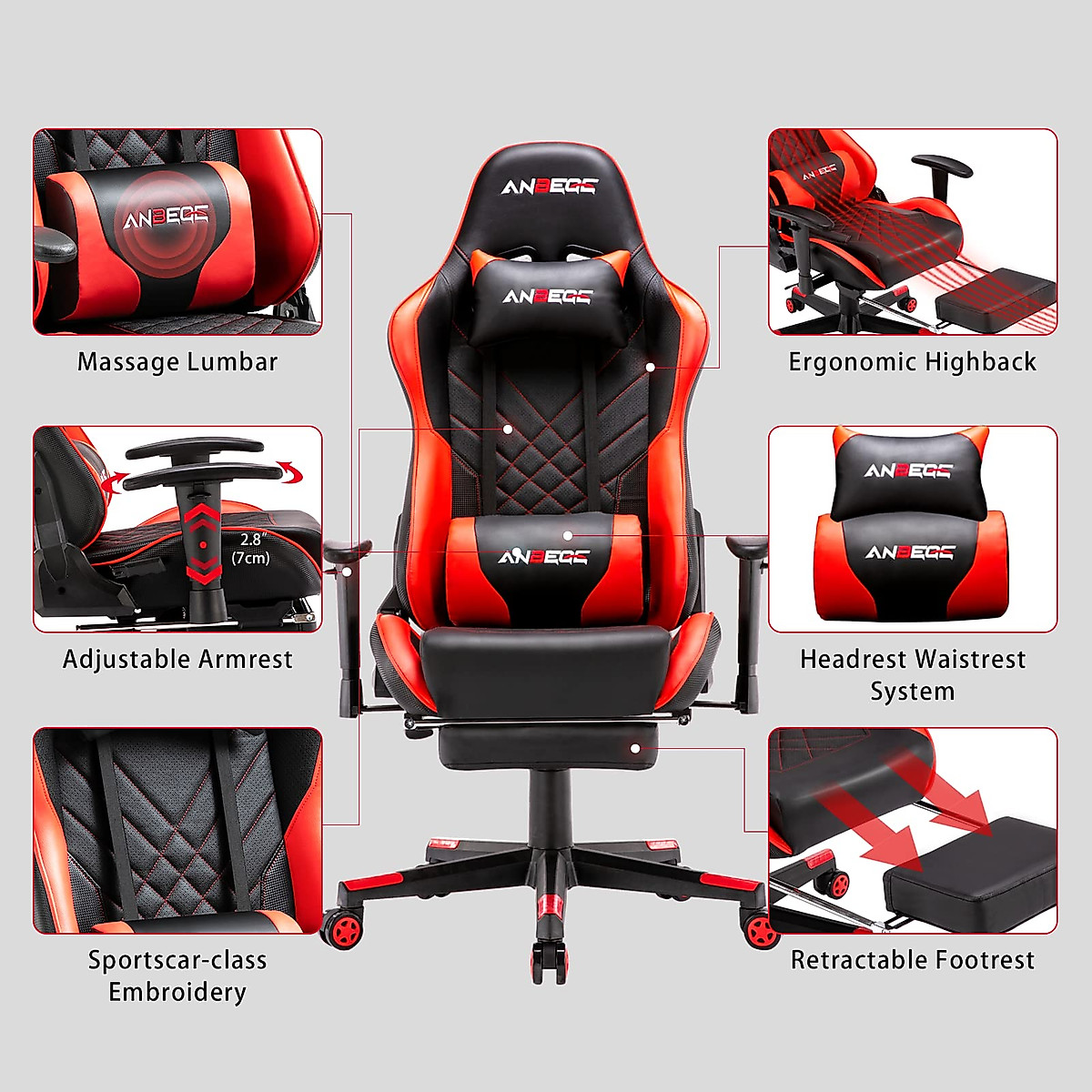 ANBEGE Gaming Chair Retractable Footrest 2D Armrest Office Chair Height Adjustable Leather High Back Ergonomic Headrest Massage Lumbar Cushion Swivel Rocker Recliner Computer Chair (RED)
