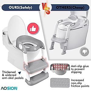 AOSION-Potty Training Seat with Step Stool Ladder, Potty Seat with Ladder for Kids,Adjustable Toddler Toilet Training Seat for Boys and Girls with Non-slip Soft Pads,Safety Handle (Grey)