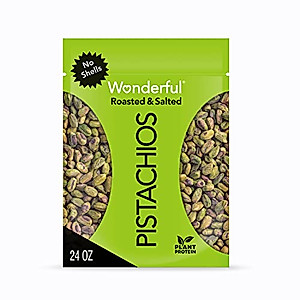 Wonderful Pistachios, No Shells, Roasted & Salted Nuts, 24 Ounce Resealable Bag, Good Source of Protein, Gluten Free, On the Go Snack