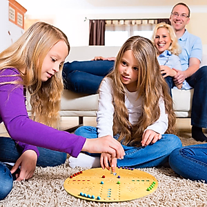 Marble Board Game Wooden Wahoo Board Game Double Side Painted Board Game with 6 Colors 36 Marbles 6 Dice for Adults Family Night Game, 6 and 4 Player (Round)