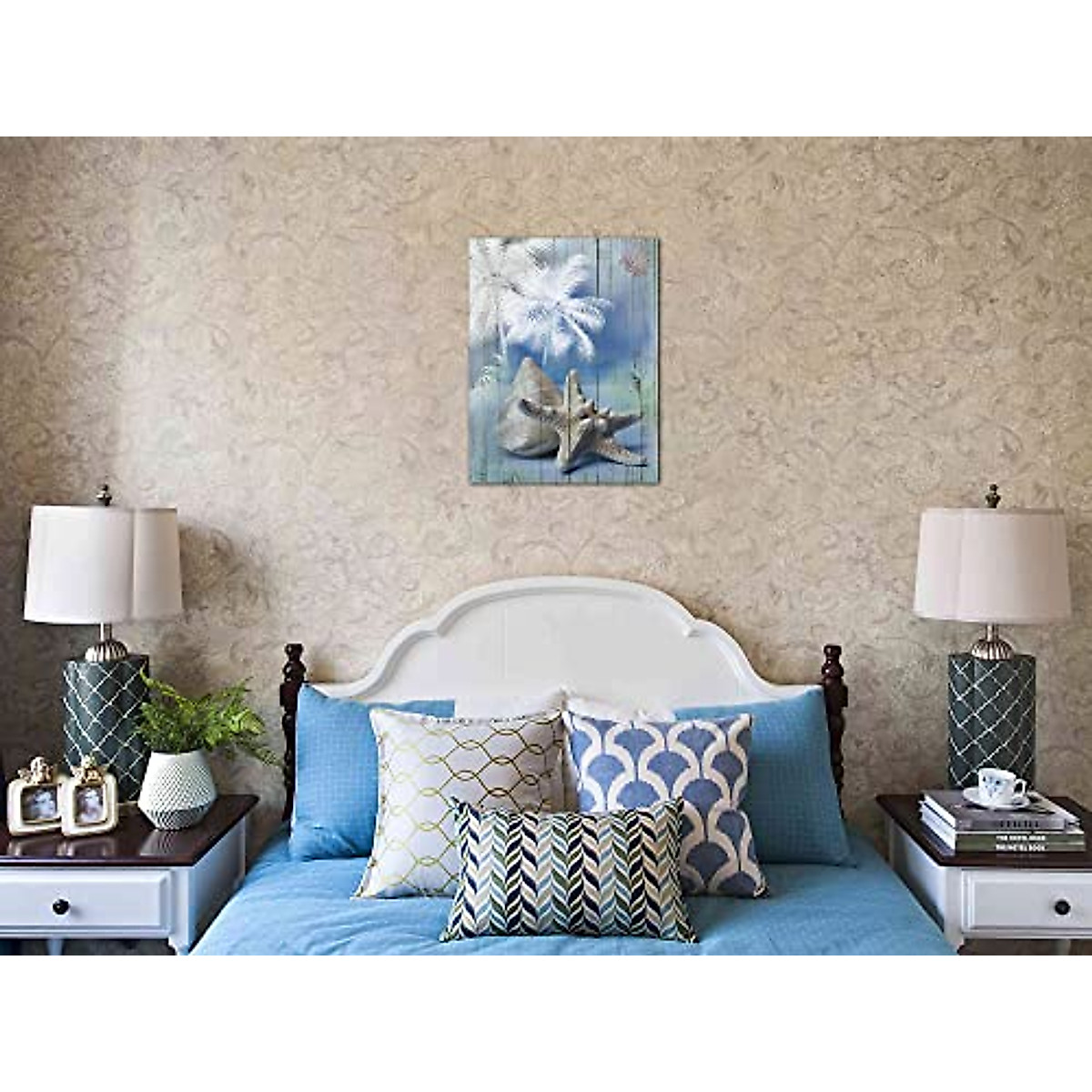 Bathroom Blue Ocean Picture Nursery Canvas Wall Art Palm Tree Coastal Conch Seashell Painting Starfish Modern Artwork Framed for Bedroom Living Room Home Office Wall Decor 12"x16"