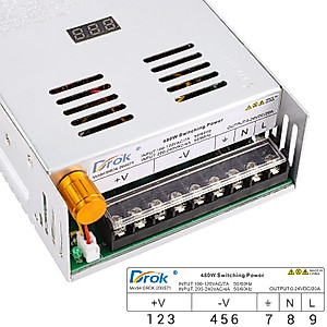 DROK 24V Power Supply, AC 110V/220V to DC 0-24V 20A 480W Buck Converter, Variable Adjustable Adapter Regulated 5V 12V 24V Volt Switching Voltage LED Transformer 20A Amp Charger for Computer Lab