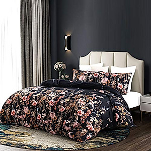 GETIANN Black Floral Duvet Cover Set Full/Queen Comforter Cover Set 90"x90" 3 Pieces Soft Lightweight Bedding (Black Floral)