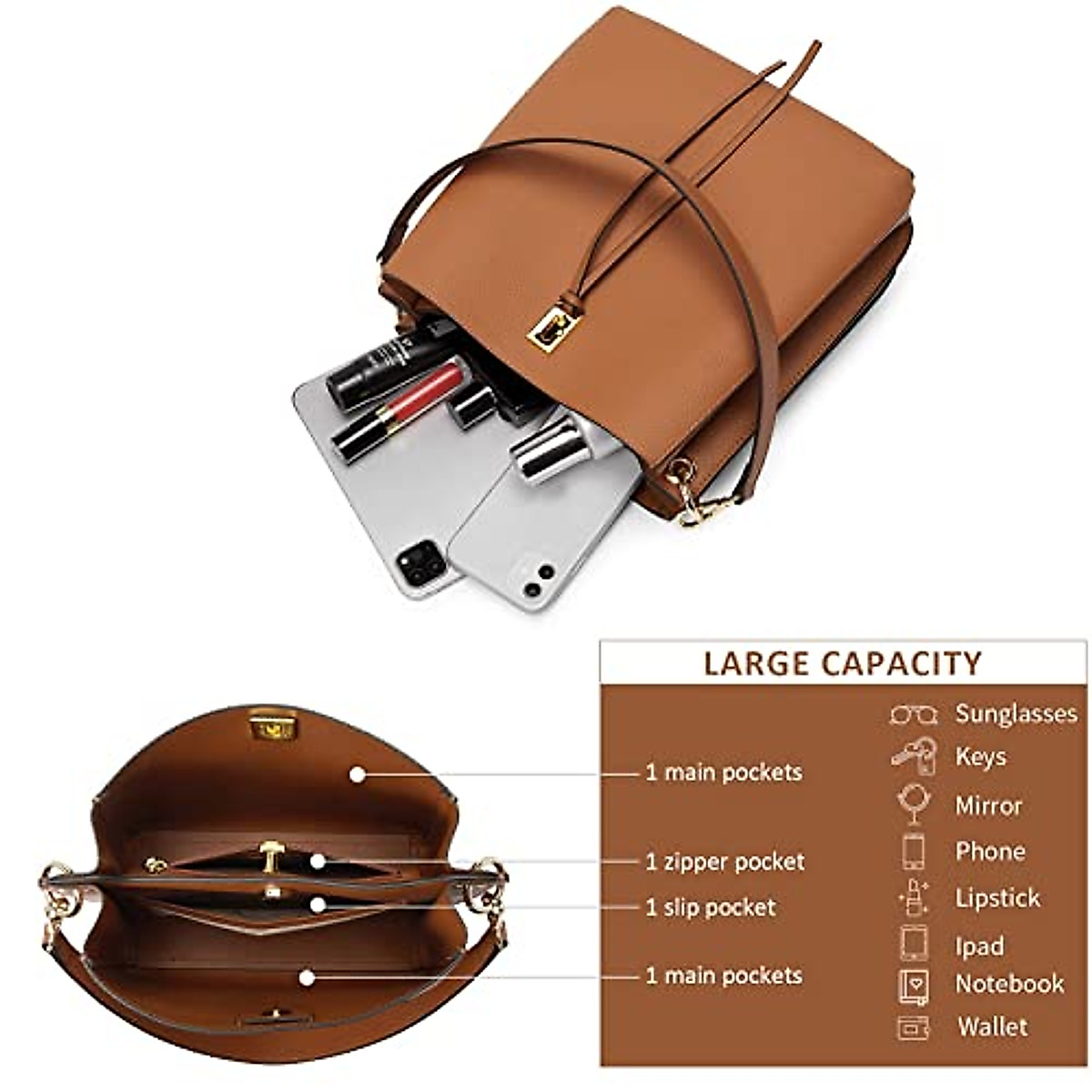 BOSTANTEN Women Handbags Genuine Leather Designer Tote Purses Lady Crossbody Bucket Shoulder Bags for Work Daily，Brown