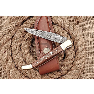 HUNTEX Custom Handmade Hand-Forged Twist Pattern Damascus Steel 4 Inch Long Natural Rosewood Handle Razor Sharp Hunting Camping Folding Pocket French Lagouli Knife with Genuine Leather Pouch