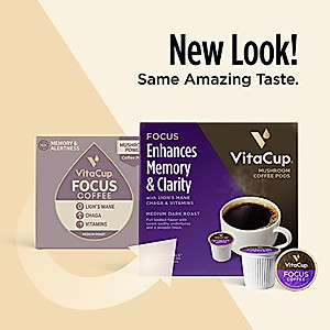 VitaCup Focus Mushroom Coffee Pods, Boost Focus & Immunity w/Lions Mane, Chaga, B Vitamins, D3 for Memory & Clarity, Medium Roast, Recyclable Single Serve Pod Compatible w/Keurig K-Cup Brewers,32 Ct