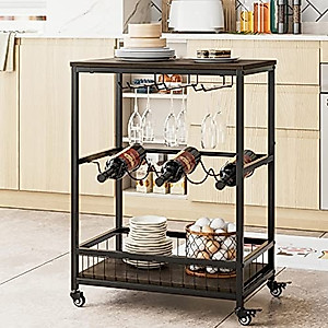 HITHOS Industrial Bar Carts for The Home, Mobile Bar Serving Cart, Wine Cart on Wheels, Beverage Cart with Wine Rack and Glass Holder, Rolling Drink Trolley for Living Room, Kitchen, Dark Brown