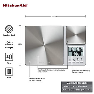 KitchenAid KQ909 Dual Platform Digital Kitchen and Food Scale, 11 pound capacity and Precision 16oz capacity, White with Stainless Steel