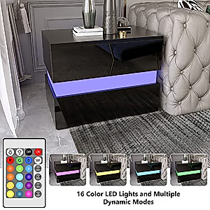 LED Nightstand Set of 2 with 2 Storage Drawers, Modern High Gloss Bedside Table with Led Lights, End Table for Bedroom Furniture(Black,2