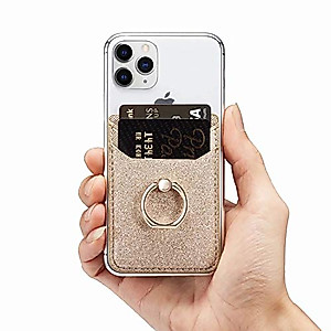 Phone Card Holder Sleeve RFID Credit Wallet with Kickstand Ring for Women, DMaos 2 Pieces Glitter Sands Wallet Stick-On Back Grip for iPhone Samsung Android and Smartphones - Pink + Gold