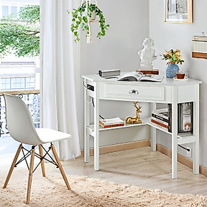 Yaheetech L Shaped Corner Computer Desk with Power Outlets, Reversible Triangle Workstation with USB Ports and Hook for Small Space, Modern Home Office Desk Gaming Table with Drawer & Shelf, White
