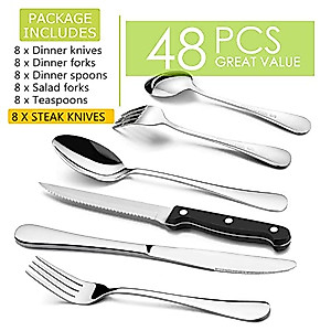 48-Piece Silverware Set with Steak Knives, Stainless Steel Flatware Cutlery Set for 8, Modern Tableware Eating Utensils for Home Hotel, Include Knives Forks Spoons, Mirror Polished, Dishwasher Safe