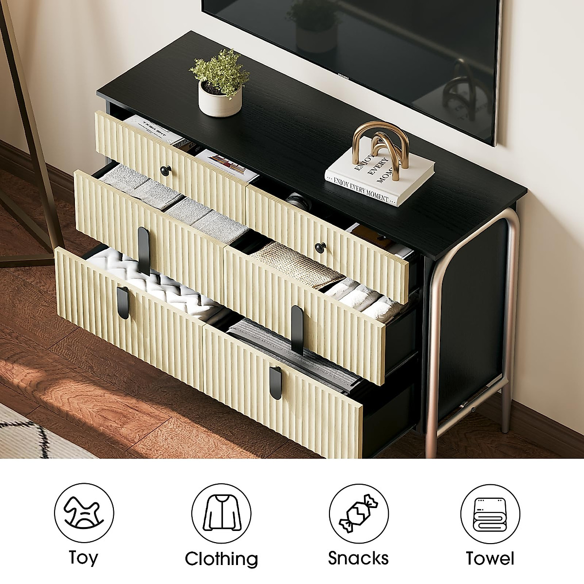 Jiansu furni 6 Drawer Dresser,Modern Dresser with Storage,Chest of Drawers with Wooden Handle,Fluted Dresser TV Stand,Metal Leg Design,Wood Drawer Organizer for Bedroom,Living Room (Black+Oak)
