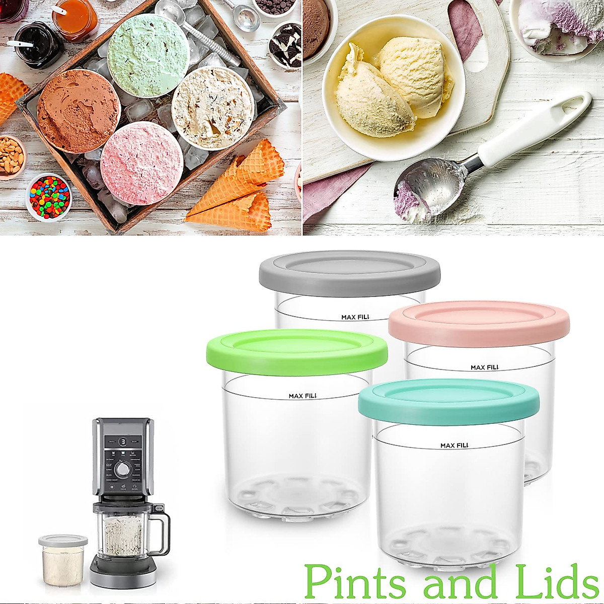 ELIUNG 4 Pack Ice Cream Pints Containers and Lids Compatible for Ni-nja XSKPLID2CD NC300 NC301 NC299AM C300s Series Creami Ice Cream Maker Fit For Ni-nja Creami Pint Containers