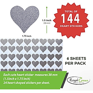 Royal Green Glitter Heart Stickers Silver Labels Perfect for Parties, Envelope Seals, Thank You, Party Favor Bags, Treat Bag Seals, and Gift Boxes 1.5" x 1.75" - 144 Pack