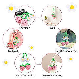 2 PCs Cute Crochet Strawberry Hanging Ornament for Car Rearview Mirrior Decor, Hanging Charms Accessories, Pendant Fruit for Gift-Handmade Knitted (Pink)