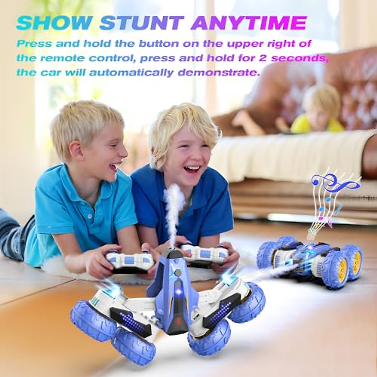 AEROQUEST Remote Control Car - Double Sided RC Stunt Car, 360°Rotating 4WD Off-Road RC Cars with Headlights& Music 2.4Ghz Indoor/Outdoor Rechargeable Toy Car for Boys Age 3-7 8-12 Birthday Xmas Gift