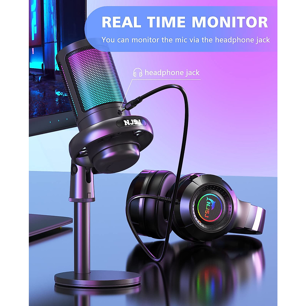 NJSJ USB Microphone for PC, Gaming Mic for PS4/ PS5/ Mac/Phone,Condenser Microphone with Touch Mute, RGB Lighting,Gain knob & Monitoring Jack for Streaming,Podcasting (with Desktop Stand, Black)