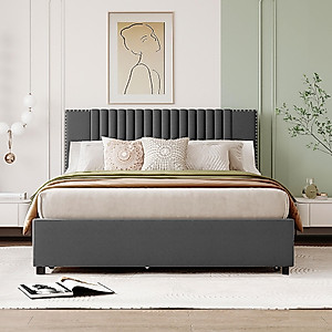 DNYN Queen Size Upholstered Platform Bed with Trundle(Twin XL) & 2 Drawers for Kids,Adult Bedroom,Wooden Bedframe Linen Fabric Furniute w/Storage & Classic Heardboard,Space Saving Design, Gray