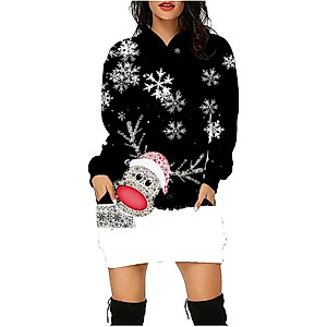Christmas Dresses for Women, Fashion Casual Dresses Midi Printed Long Sleeve Hooded Pullover Dress Top Ugly Sweater Dress Winter Black Vintage Gloves Dresses Shirts Outfits (3XL, White)
