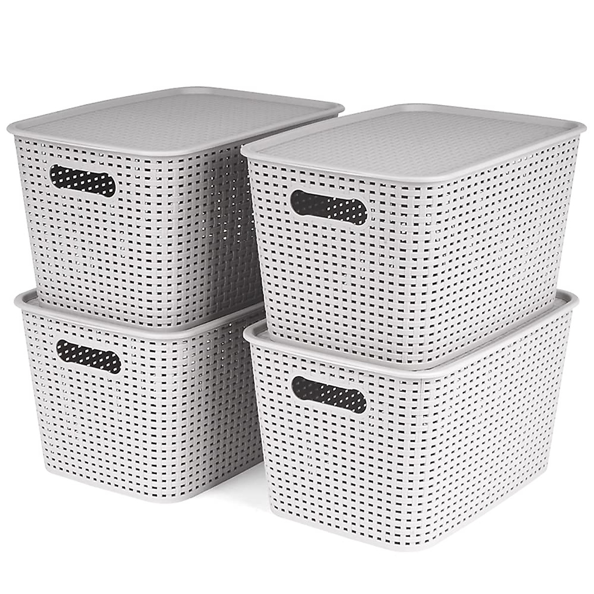 OLLIC Plastic Bins Large Storage with Lids | Korean Organizer Bin Basket Set for Organizing Baskets in Closet and Home (GRAY, LARGE_4PK)