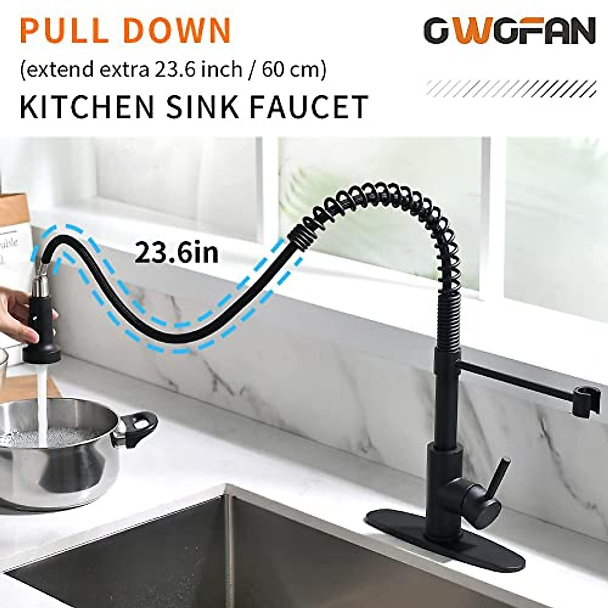 OWOFAN Black Kitchen Faucet Contemporary Spring Kitchen Sink Faucet with Pull Down Sprayer Single Handle Pull Out Kitchen Faucets with Deck Plate 866055R